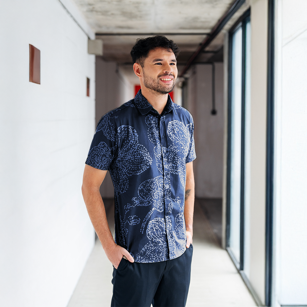 Shop Artisan-Made Men's Modern Batik Shirt - Navy Orchid – Batik Boutique