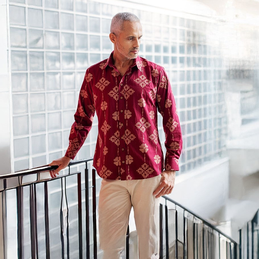 Men's Long-Sleeved Batik Shirt - Ruby Songket – Batik Boutique